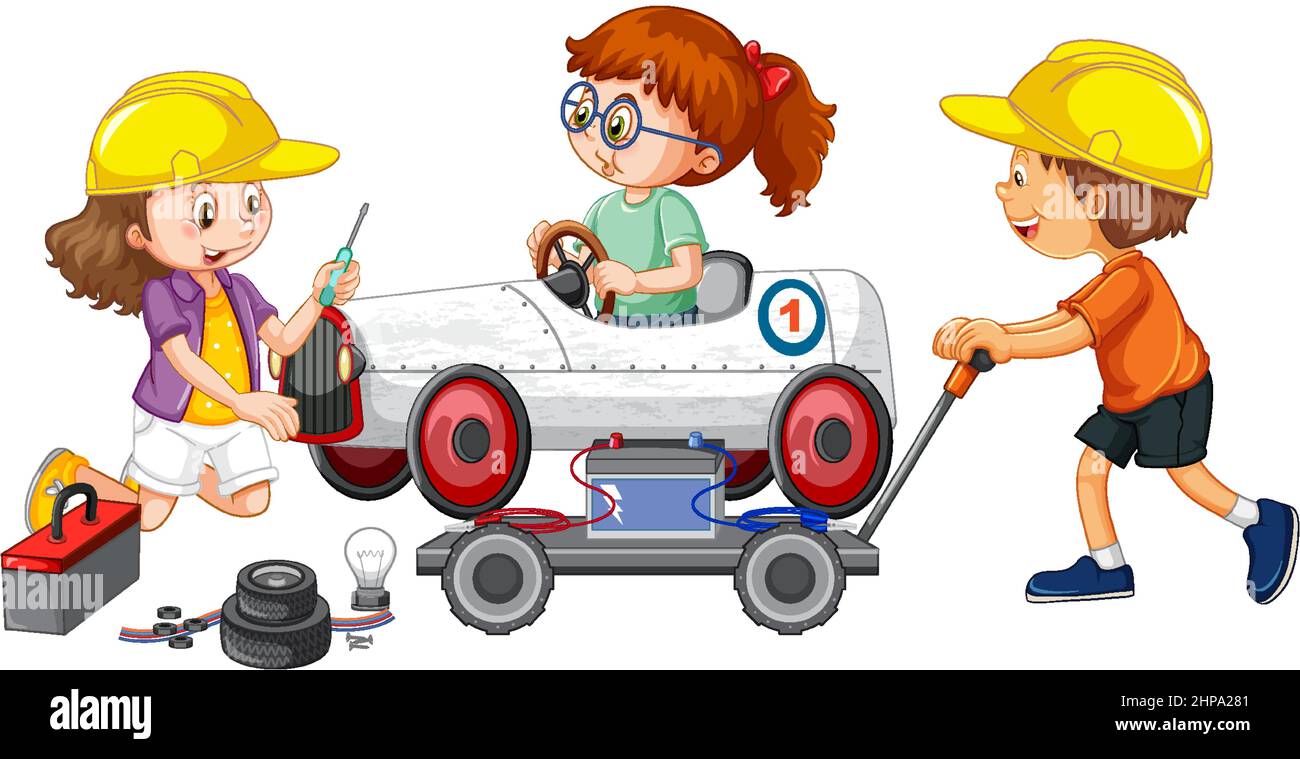Children repairing a car together illustration Stock Vector Image & Art ...