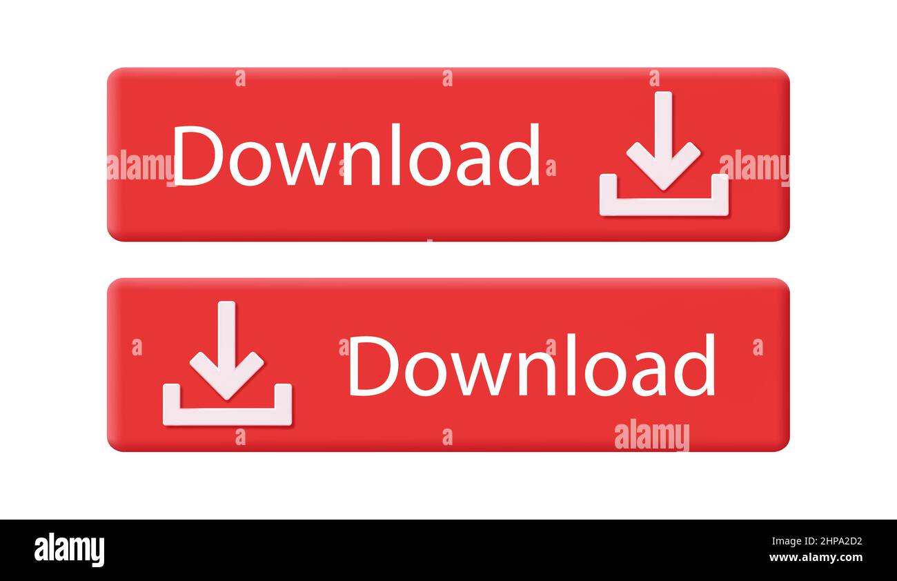 Set of download buttons with down pointing arrow, 3d volume red UI ...