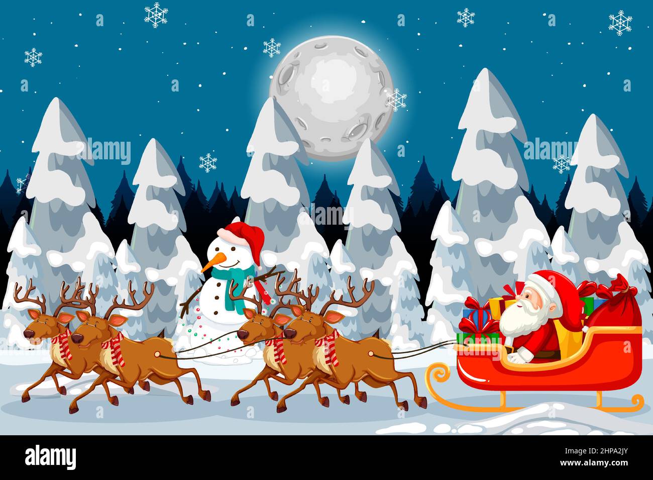 Santa Claus on sleigh with reindeers at night scene illustration Stock ...