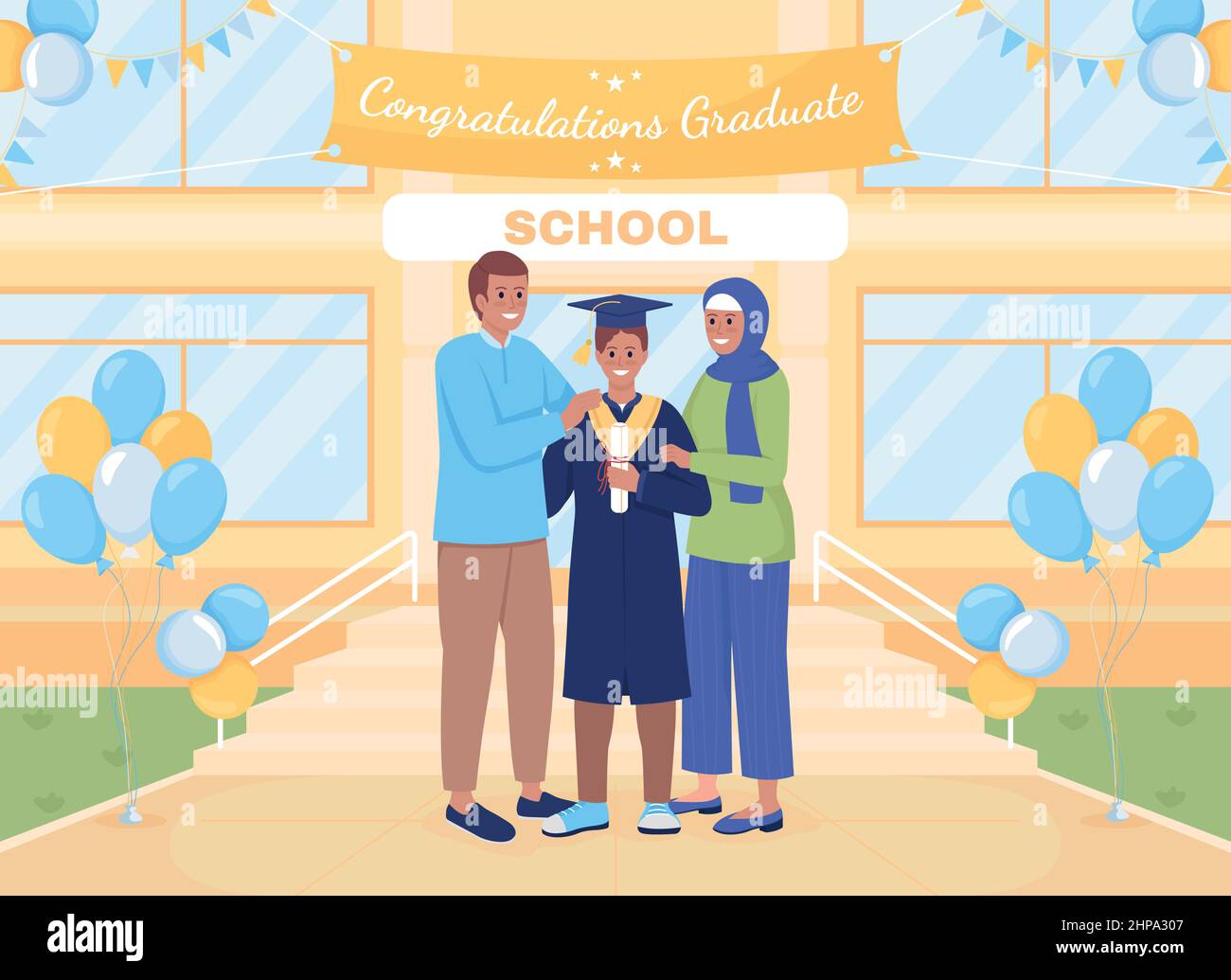 High school graduate and parents flat color vector illustration Stock ...