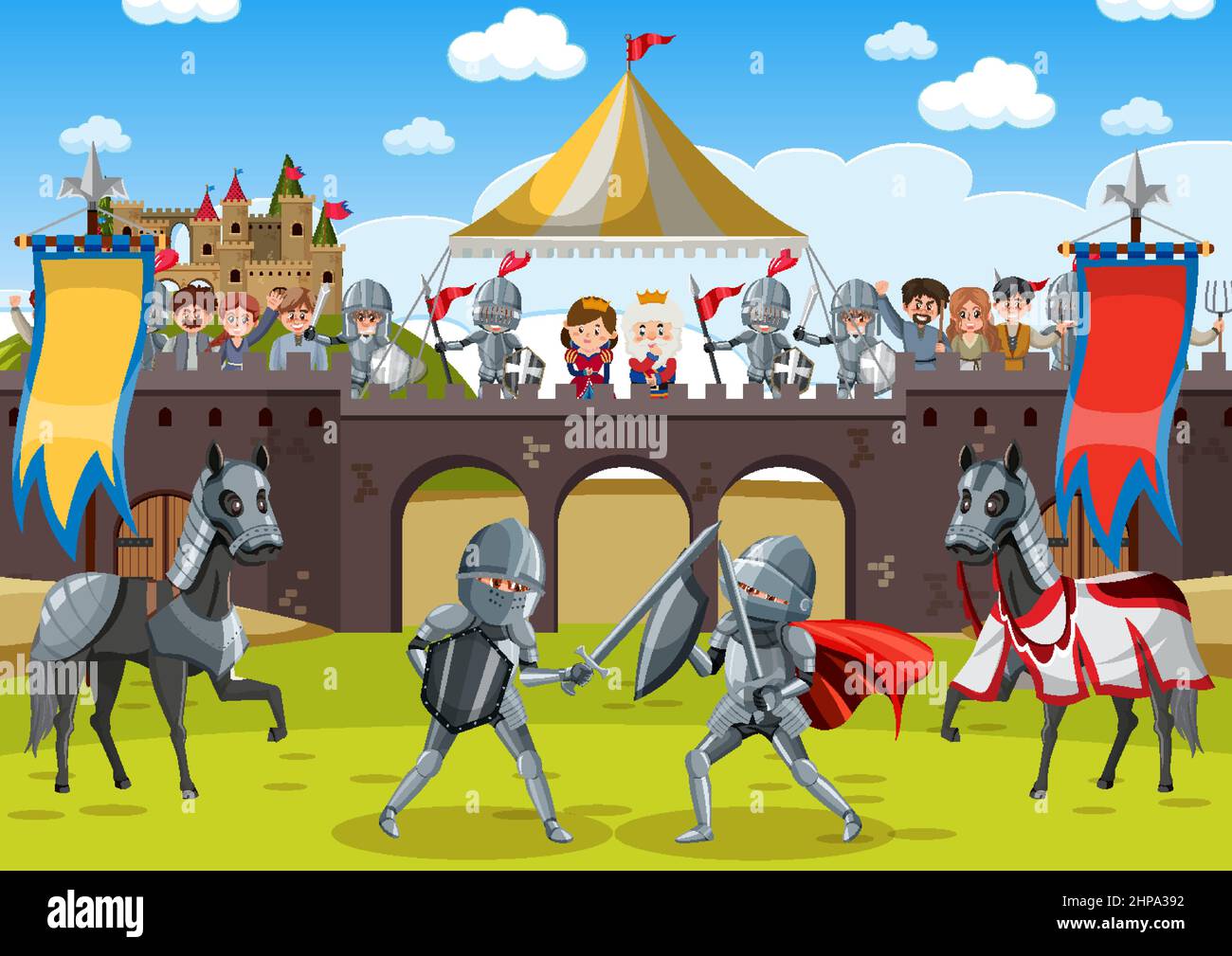 Medieval knight jousting tournament scene illustration Stock Vector ...