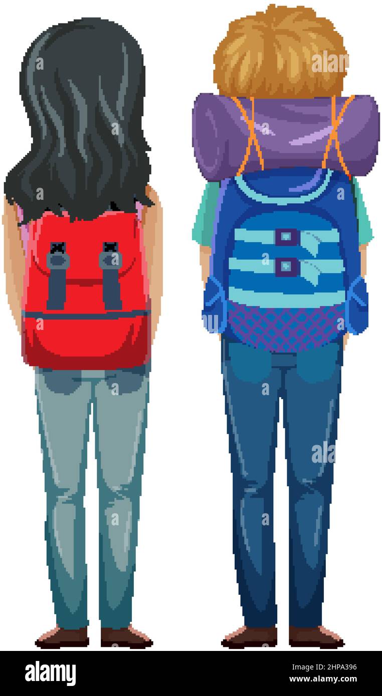 Backside of couple travelers on white background illustration Stock ...