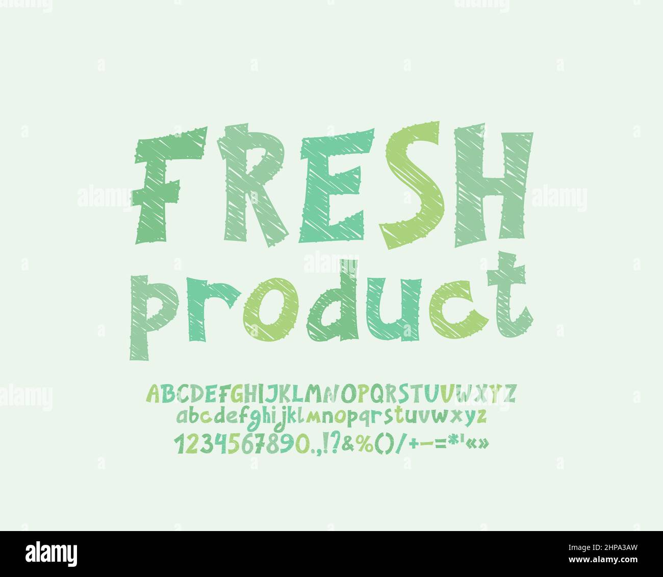 Fresh product green label, sketch style font. Vector cartoon alphabet ...