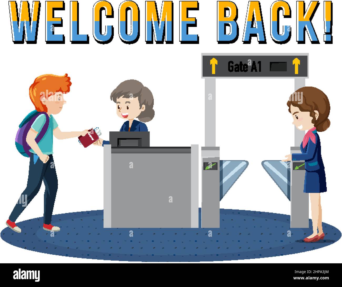 Welcome Back typography design with passenger walking to boarding gate ...