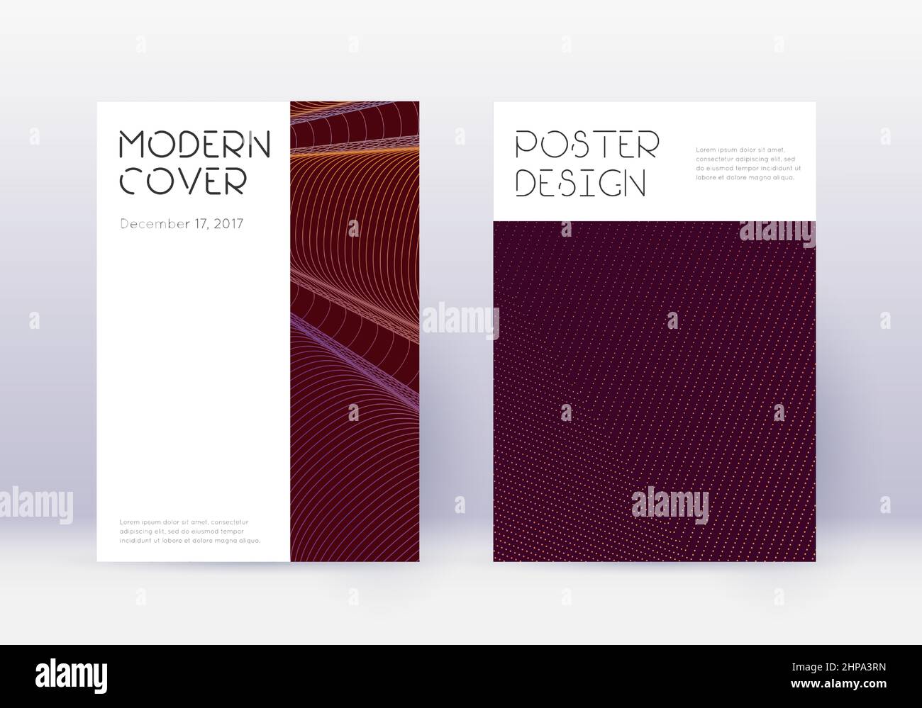 Minimal cover design template set. Orange abstract lines on wine red ...