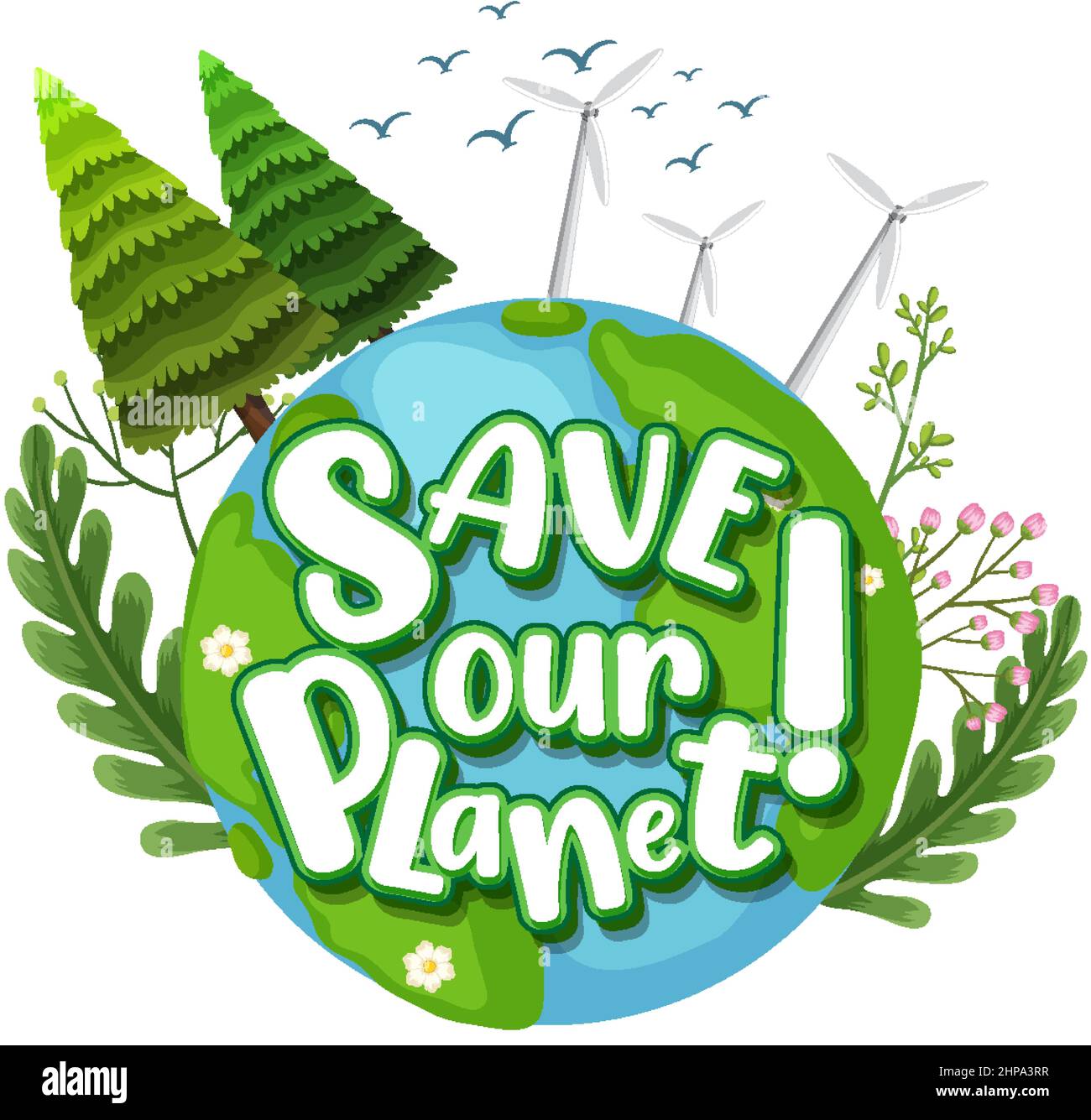 Save our planet logo on earth globe with nature trees illustration ...