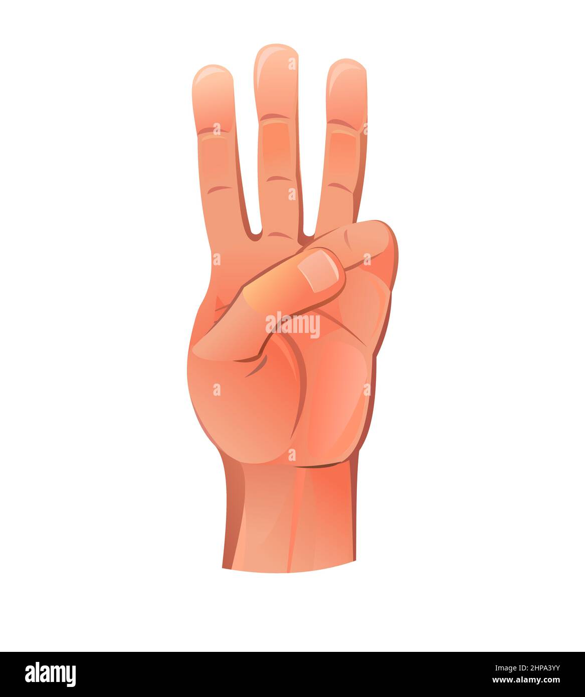 Palm of hand raised up with three finger. Object isolated on white ...