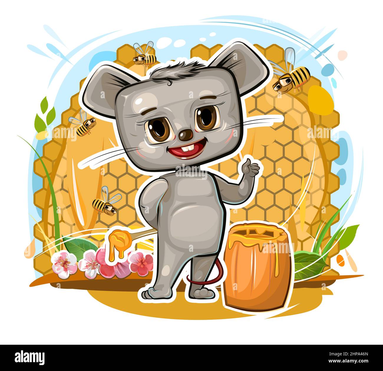 Honey. Little Mouse in cartoon style on the background of honeycombs ...