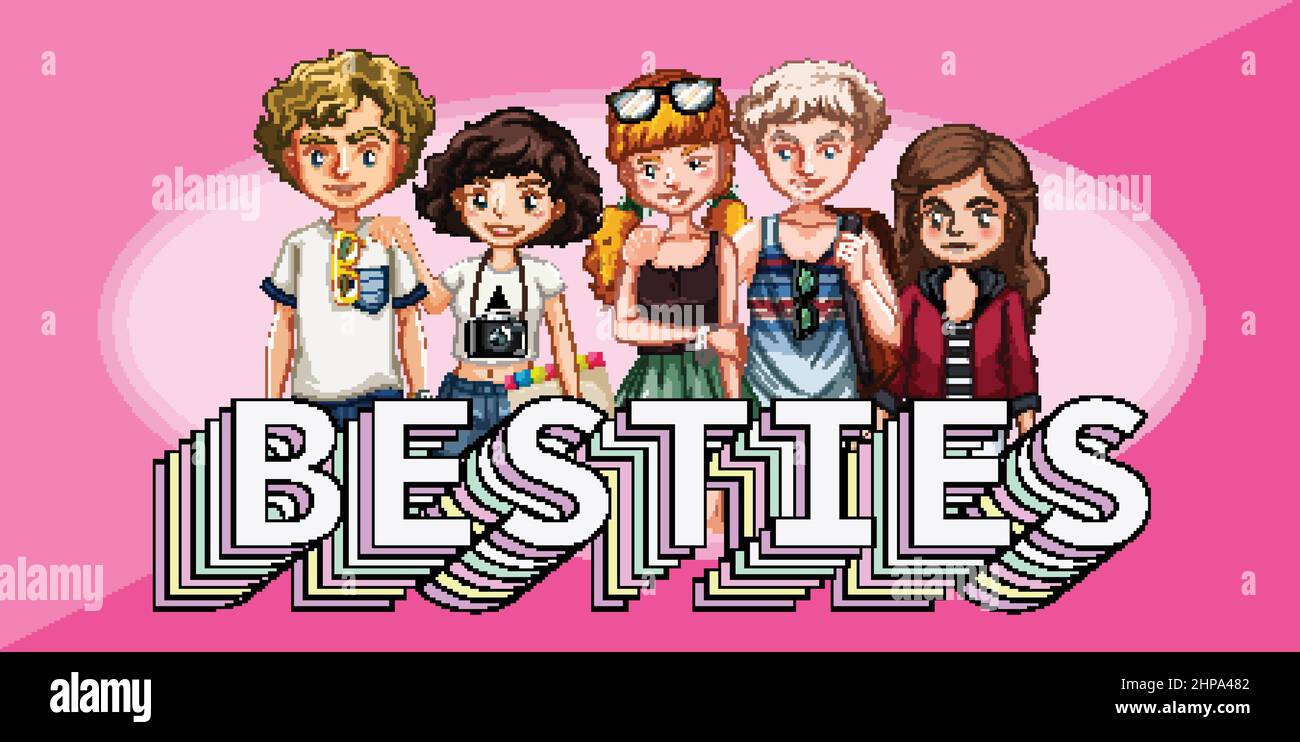 Besties logo banner with teenagers group illustration Stock Vector ...
