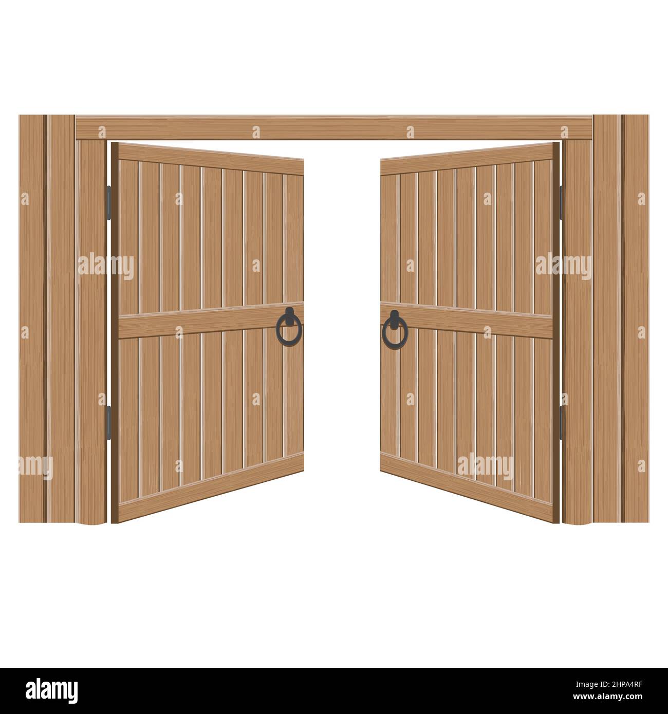Old wooden massive open gates, vector illustration. Double door with ...