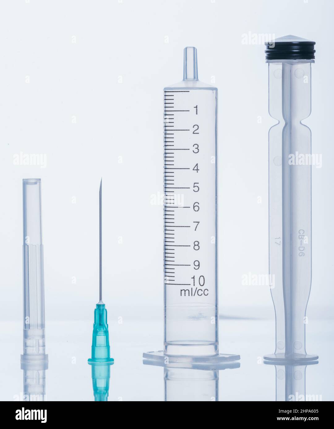 Medical disassembled syringe with needle isolated on white, macro ...