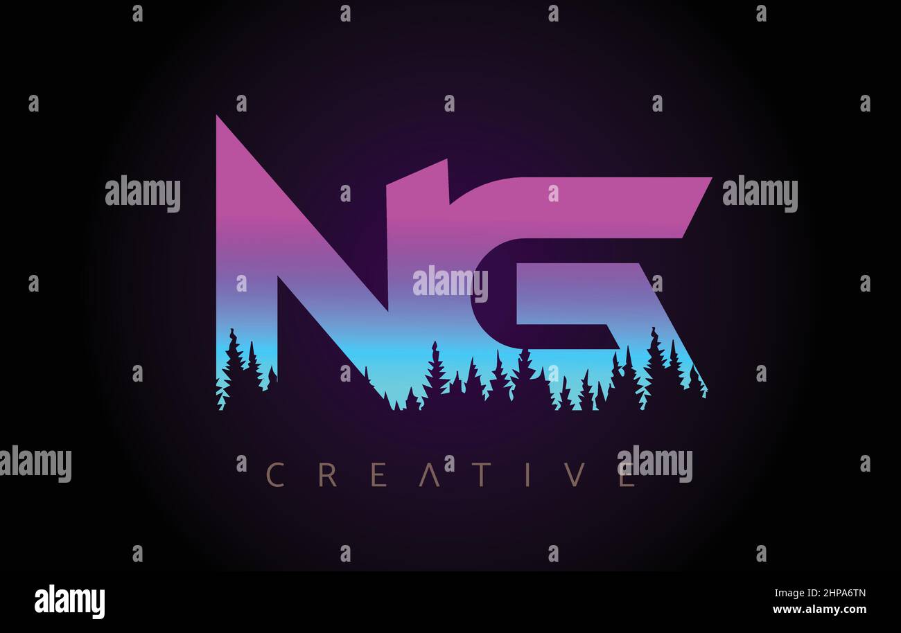 NG Letters Logo Design with Purple Blue Colors and Pine Forest Trees ...