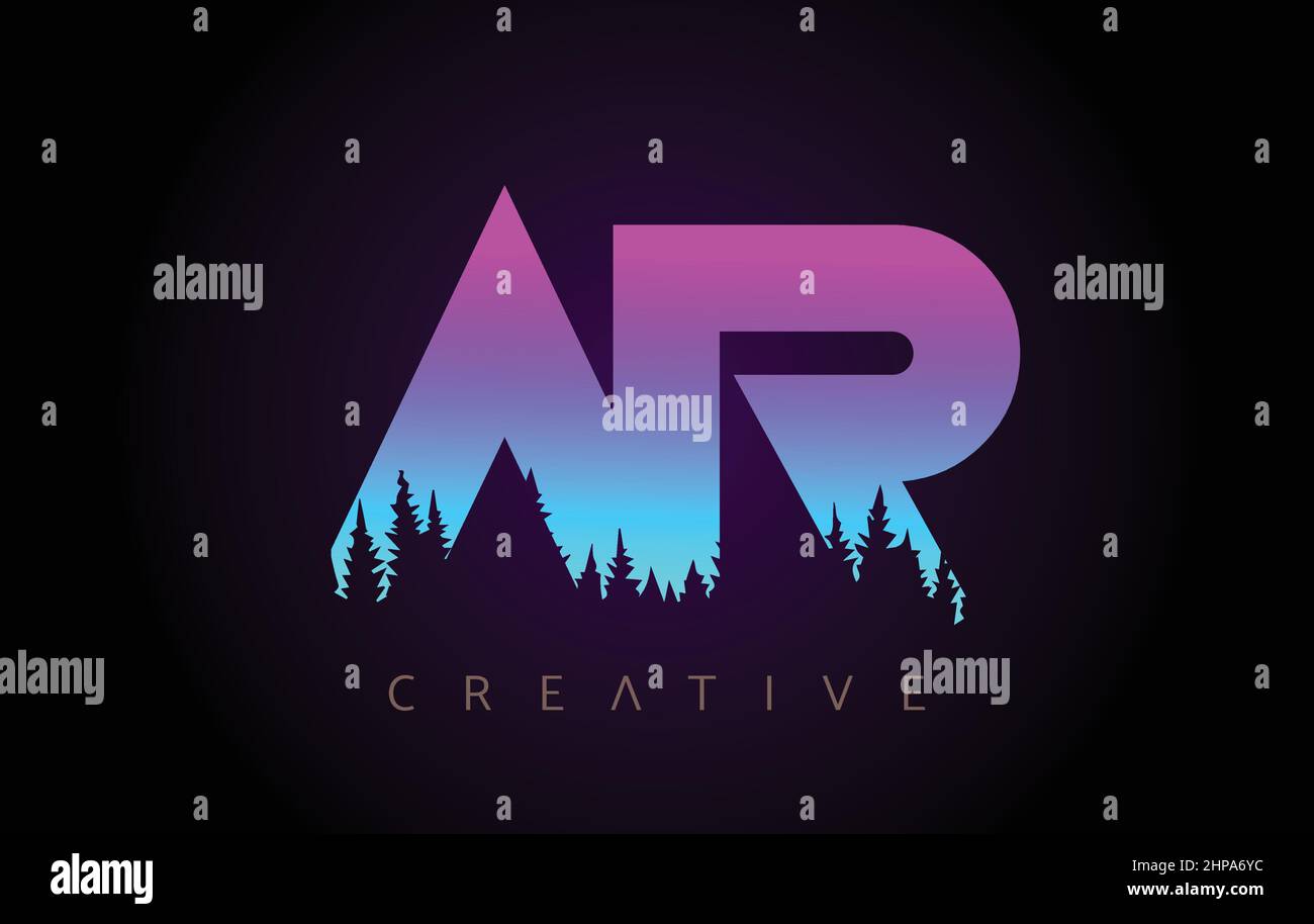 AR Letters Logo Design with Purple Blue Colors and Pine Forest Trees ...