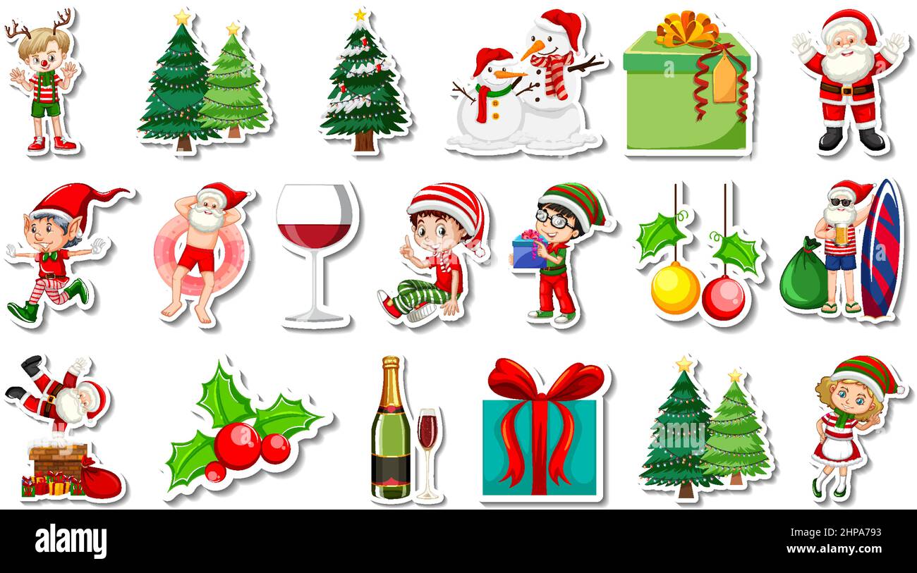 Set of Christmas objects and cartoon characters illustration Stock ...