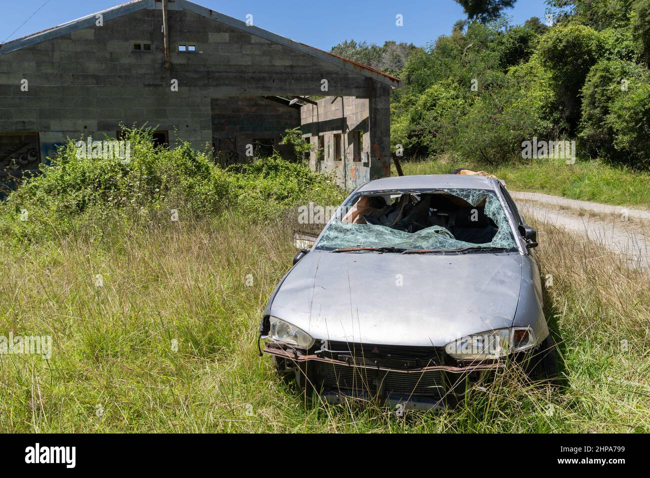 Ruatoria New Zealand - February 4 2022; Graffiti covered derelict ...