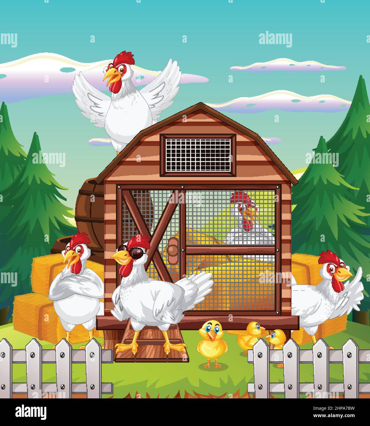 Chickens with chicken coop in the farm illustration Stock Vector Image ...