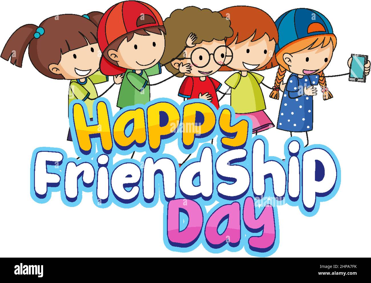 Happy Friendship Day with kids doodle characters illustration Stock ...