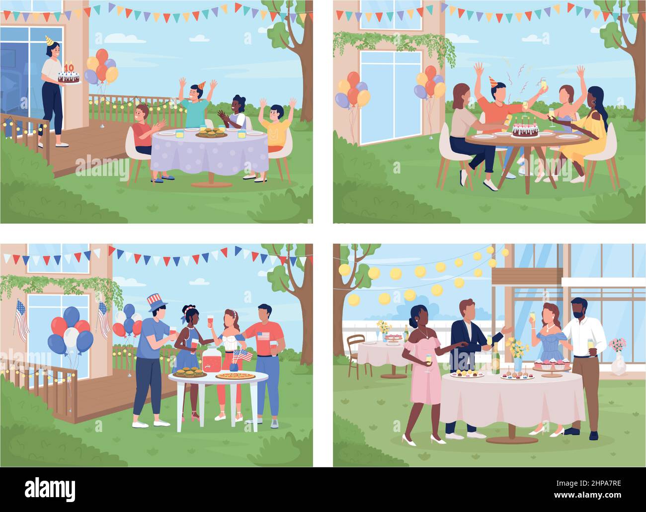 Outdoor Party Flat Color Vector Illustration Set Stock Vector Image