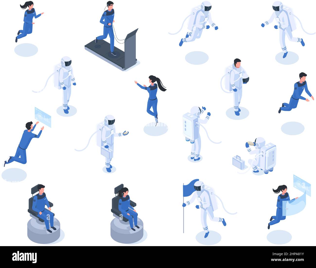 Isometric astronaut characters, space explorers, spaceman in spacesuit ...