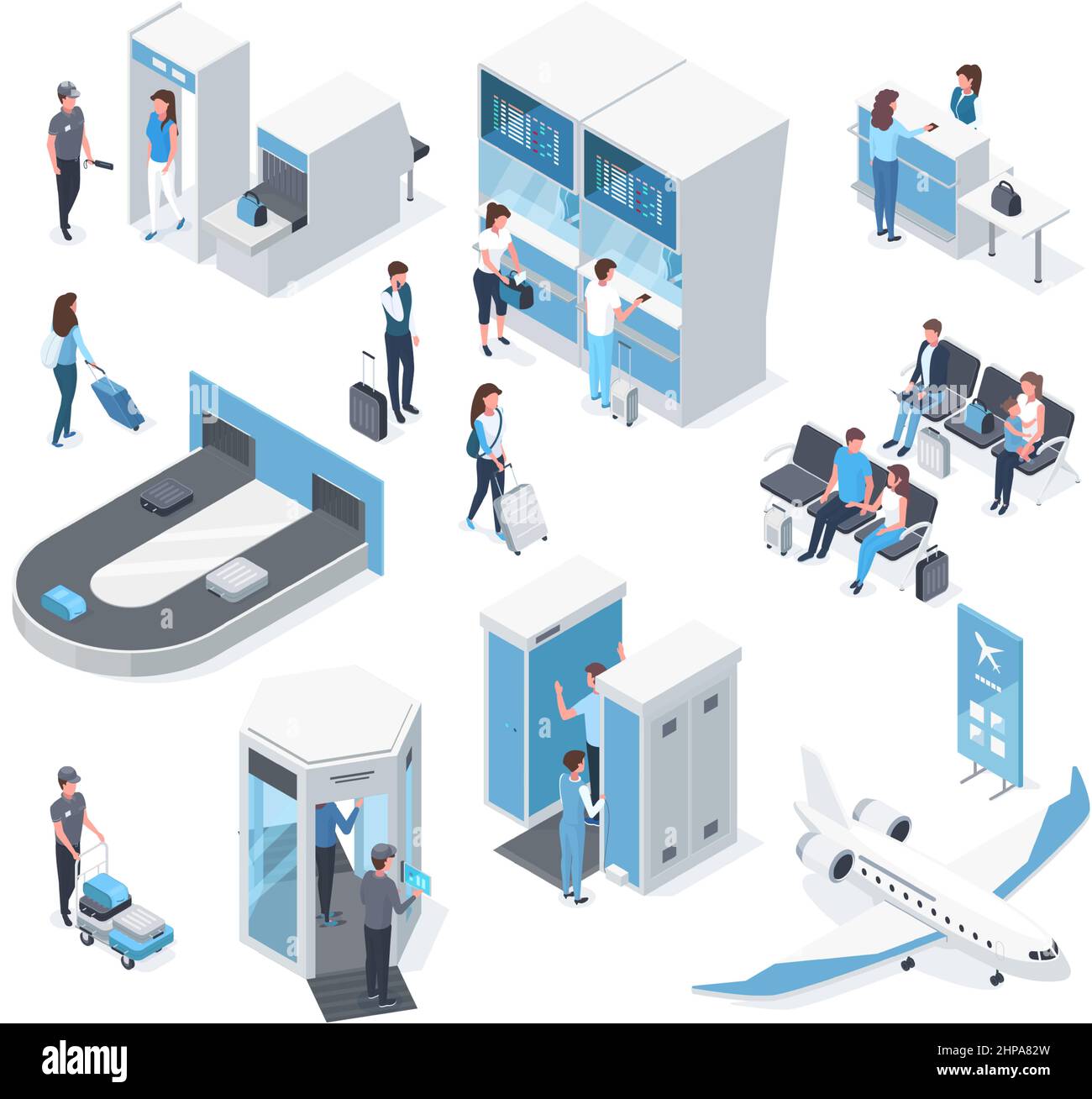 Isometric 3d airport passengers, passport check and boarding gate ...