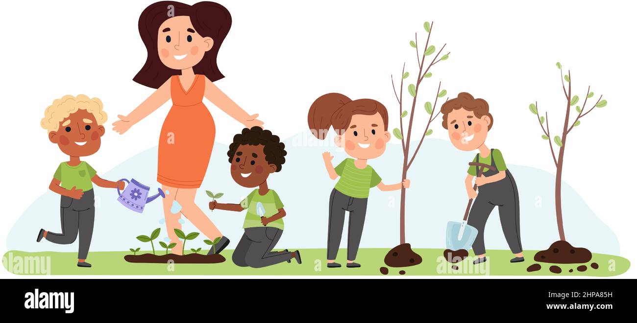 Children Planting Trees Cartoon