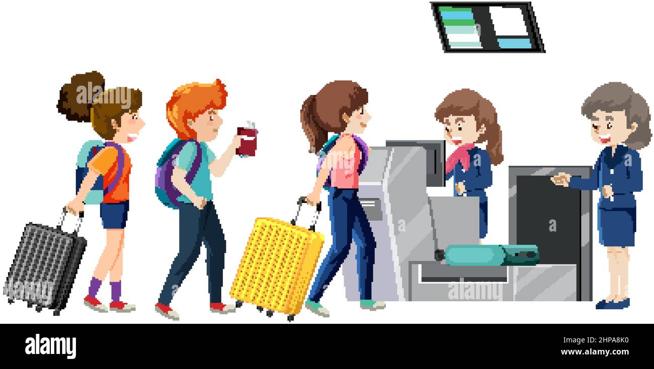 Passengers at check-in counter with service staffs illustration Stock ...