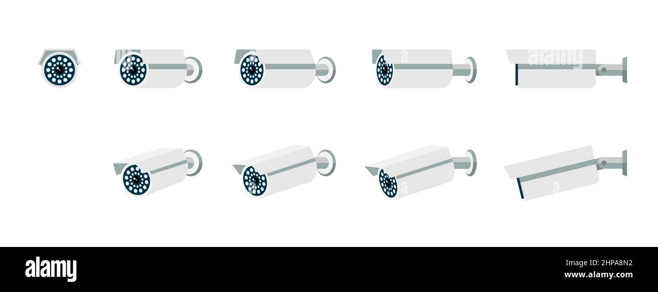 CCTV camera icon set. Security surveillance flat icons. Safety control ...