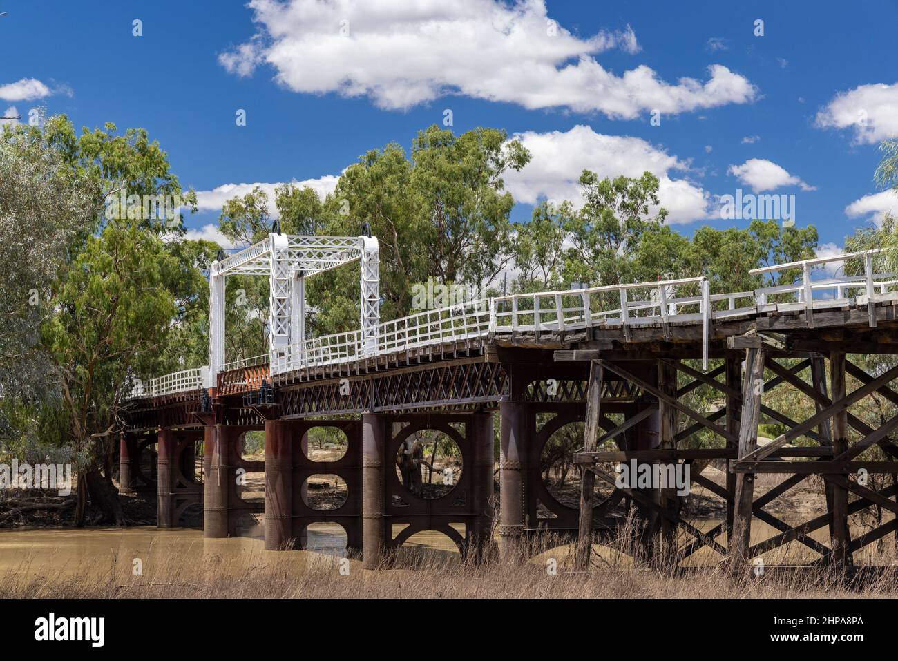 Old condemed Wooden road bridge over Darling River; Bourke New South ...