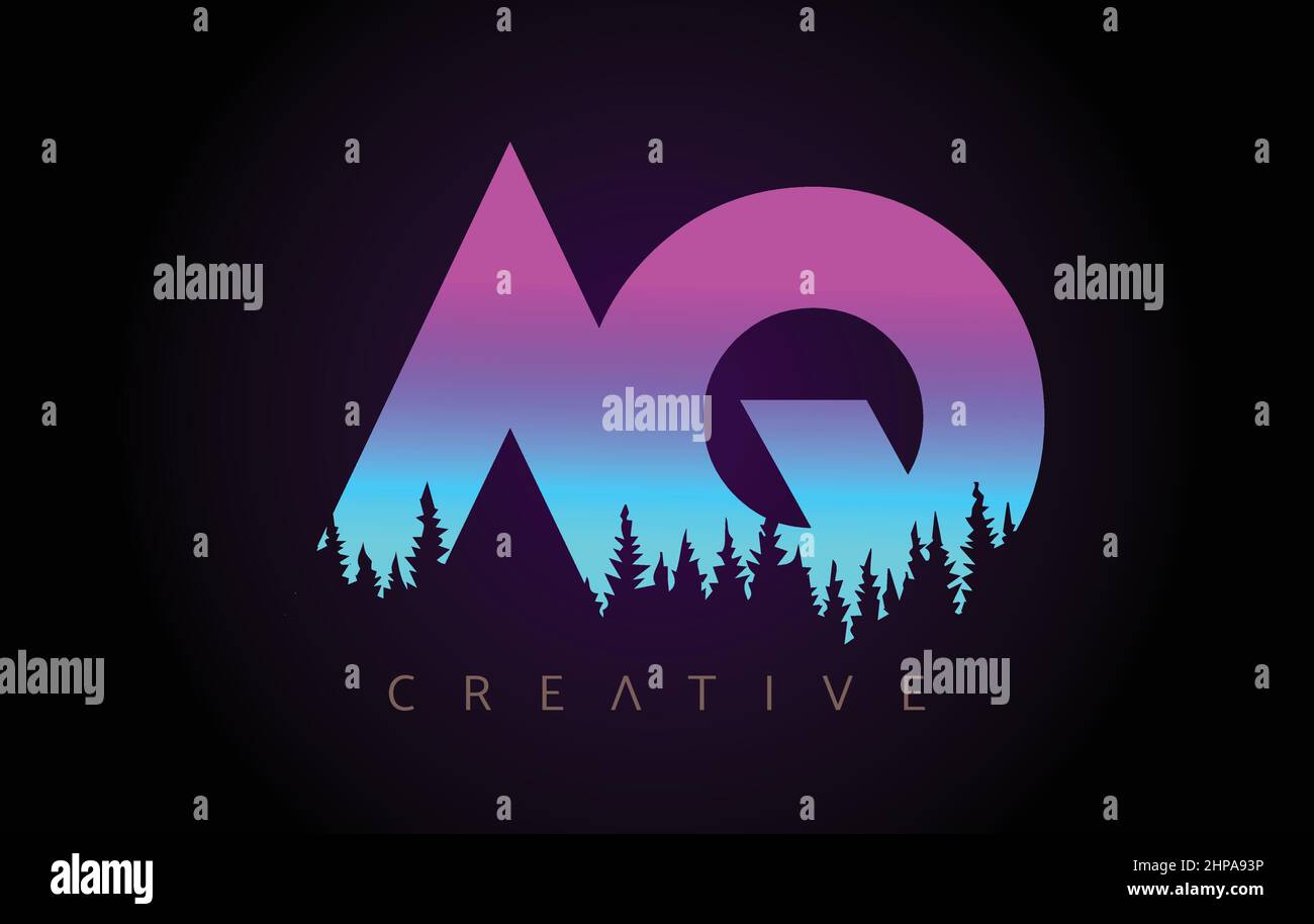 AQ Letters Logo Design with Purple Blue Colors and Pine Forest Trees ...
