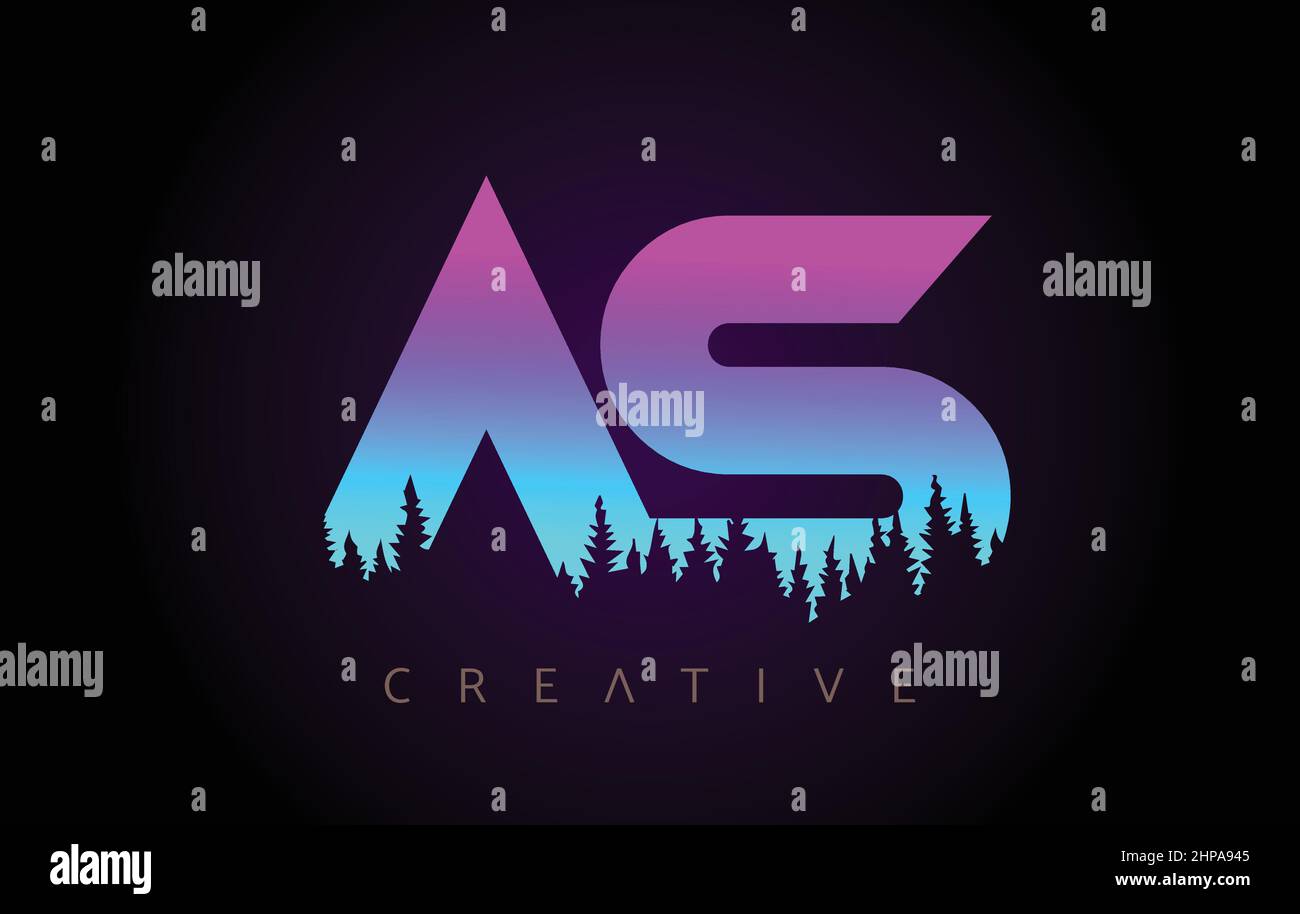 AS Letters Logo Design with Purple Blue Colors and Pine Forest Trees ...