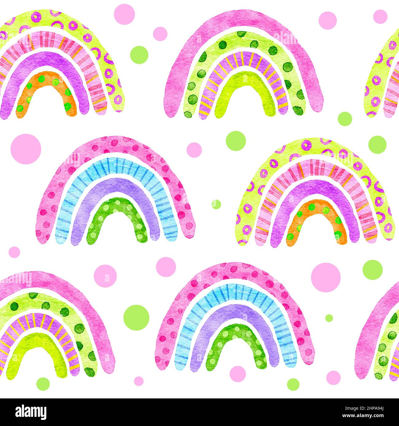 Watercolor seamless hand drawn pattern with bright colorful rainbows ...