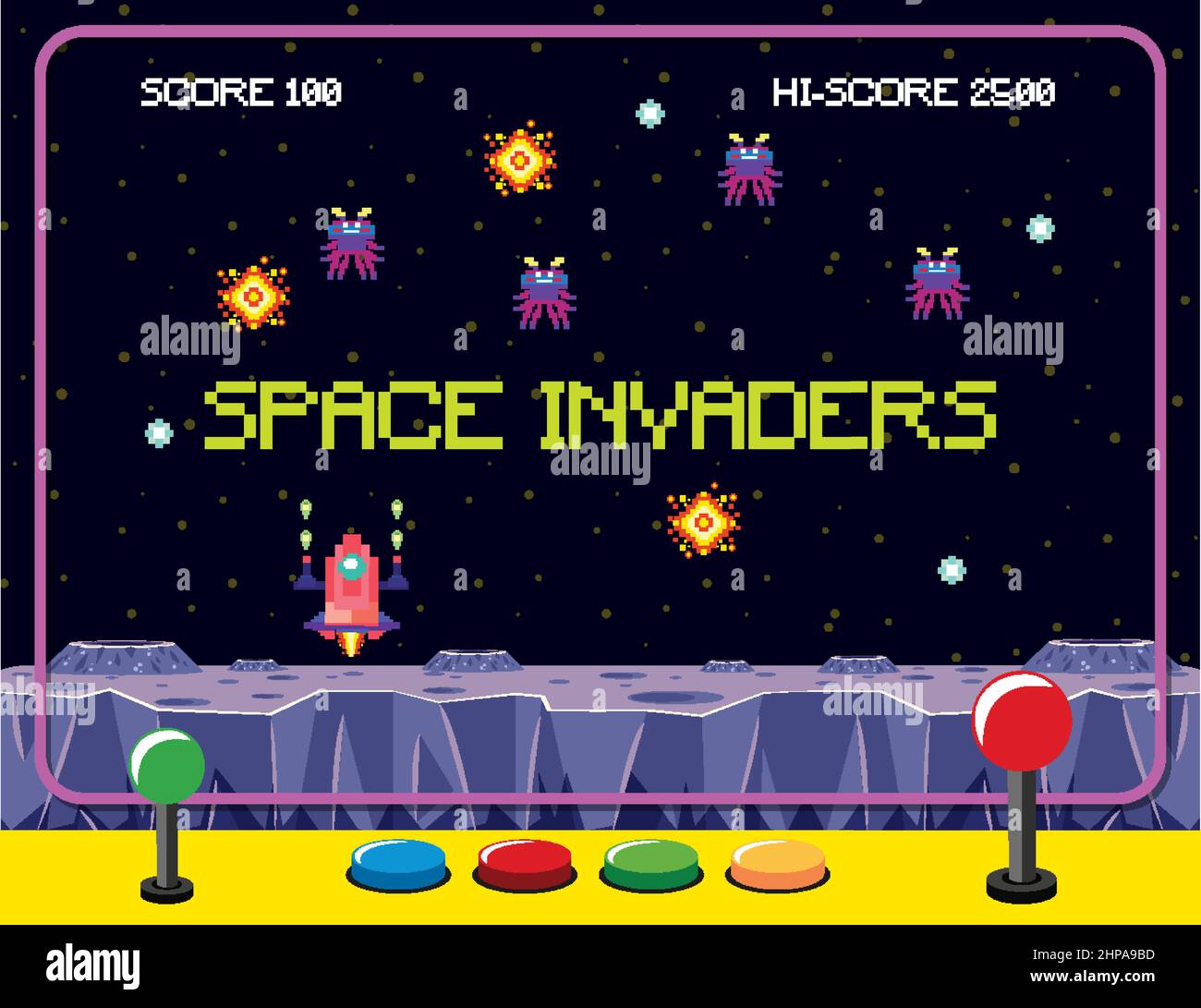 Pixel space game interface with space invaders illustration Stock ...