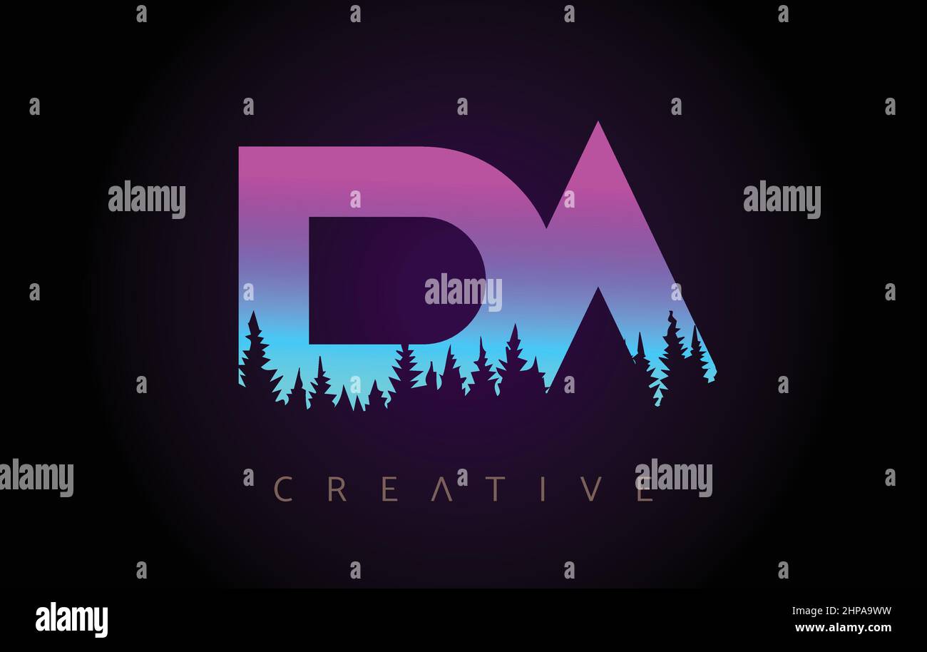 DA Letters Logo Design with Purple Blue Colors and Pine Forest Trees ...