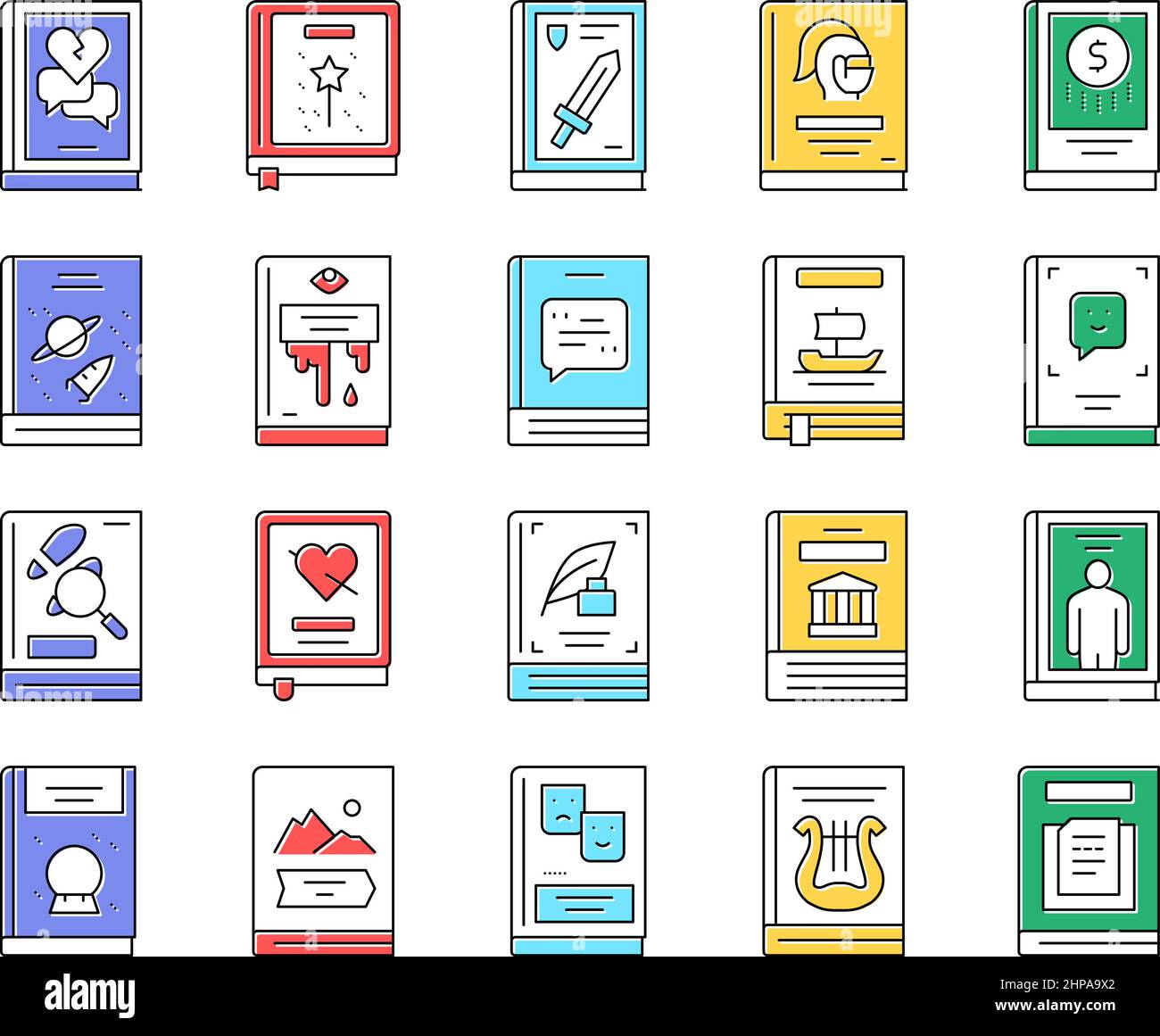 Literary Genres Books Collection Icons Set Vector Stock Vector Image ...