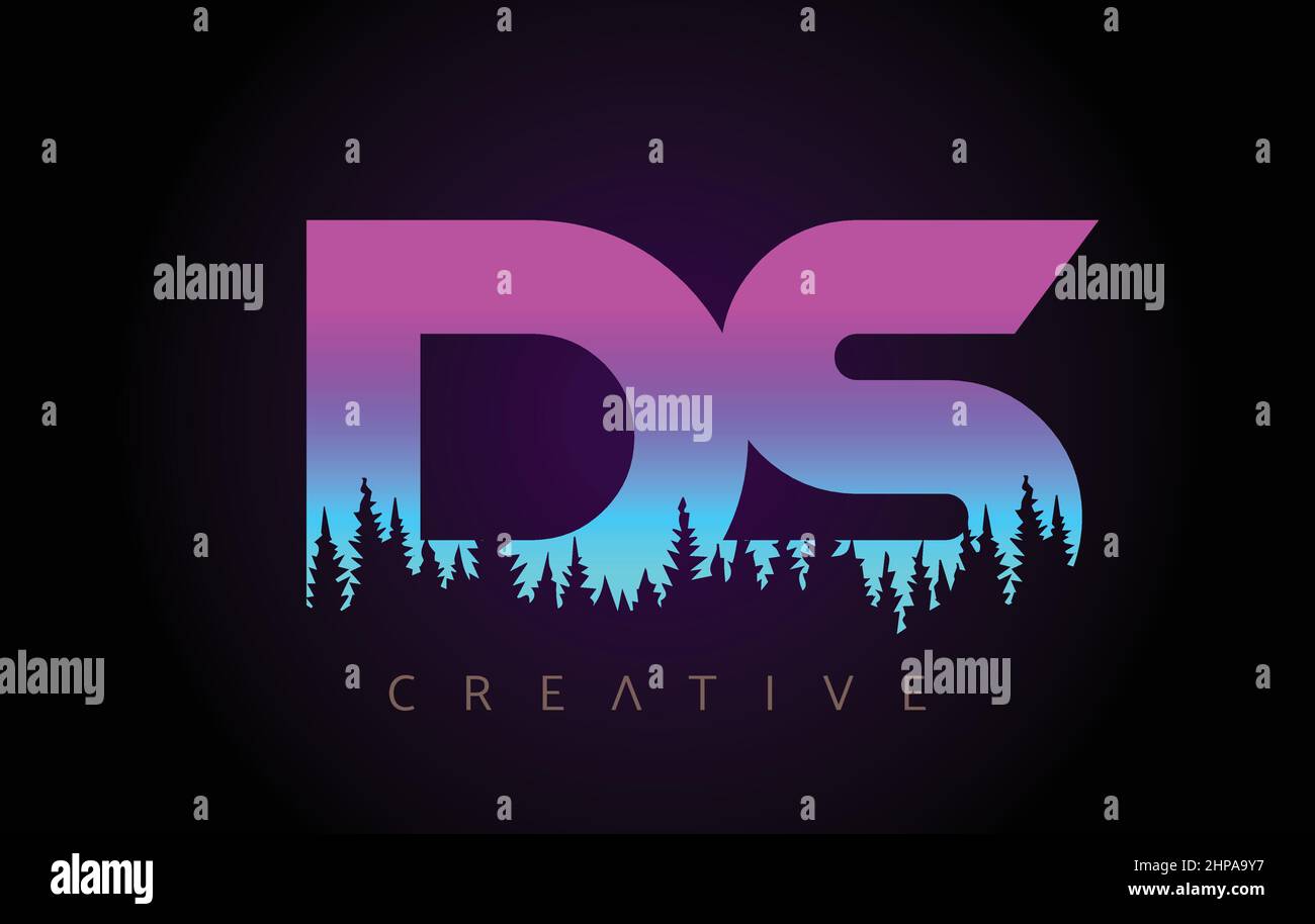 DS Letters Logo Design with Purple Blue Colors and Pine Forest Trees ...
