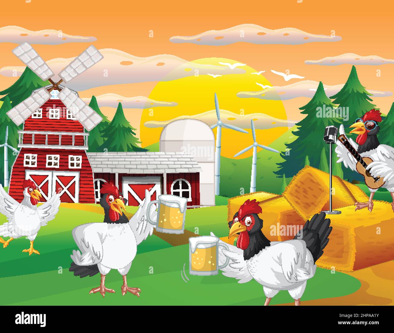 Farm scene with a group of chickens cartoon character illustration ...