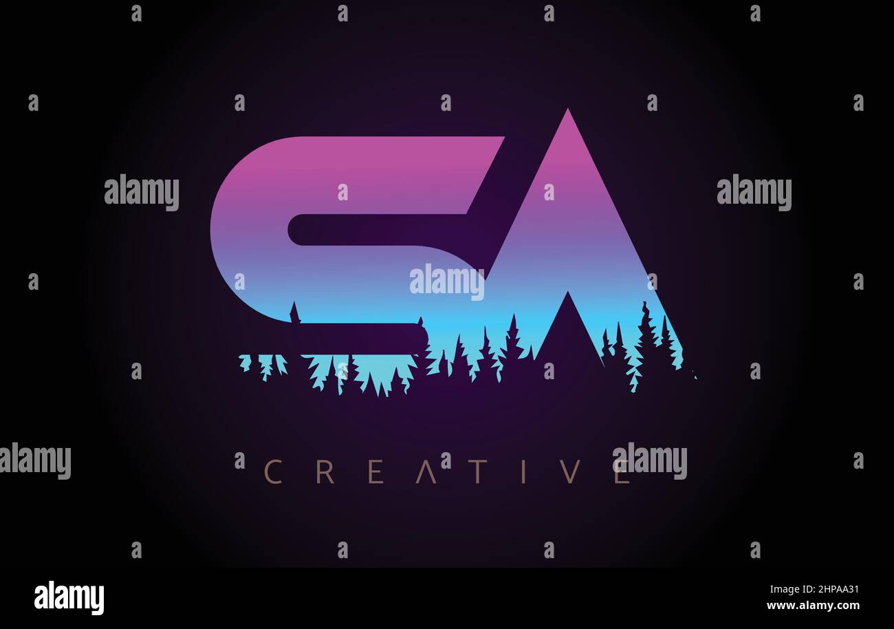 SA Letters Logo Design with Purple Blue Colors and Pine Forest Trees ...