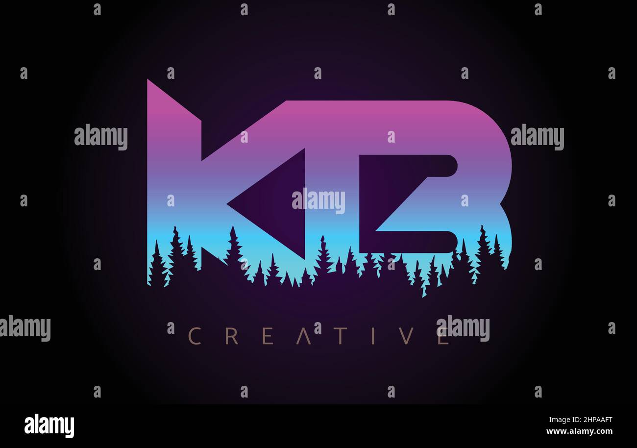 KB Letters Logo Design with Purple Blue Colors and Pine Forest Trees ...