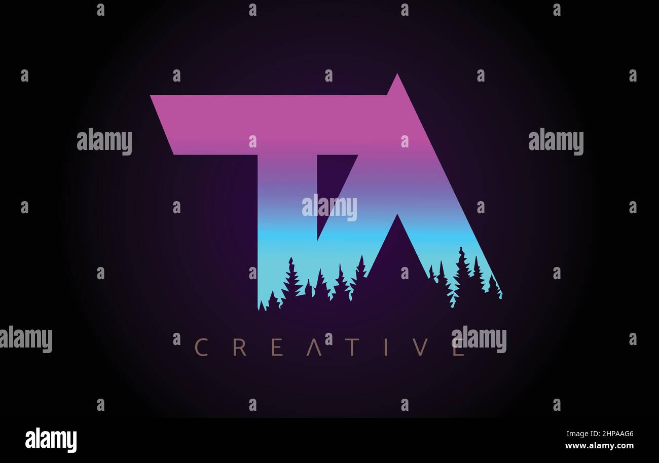 TA Letters Logo Design with Purple Blue Colors and Pine Forest Trees ...