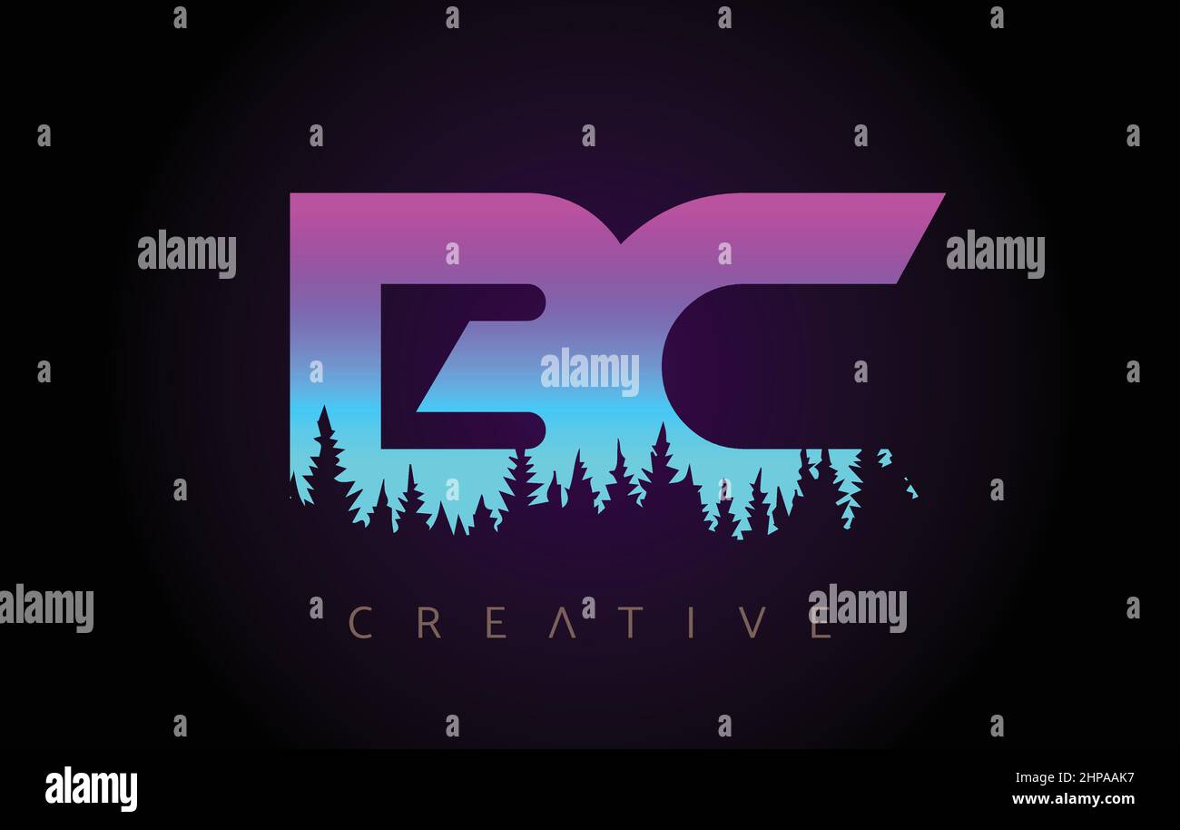 BC Letters Logo Design with Purple Blue Colors and Pine Forest Trees ...