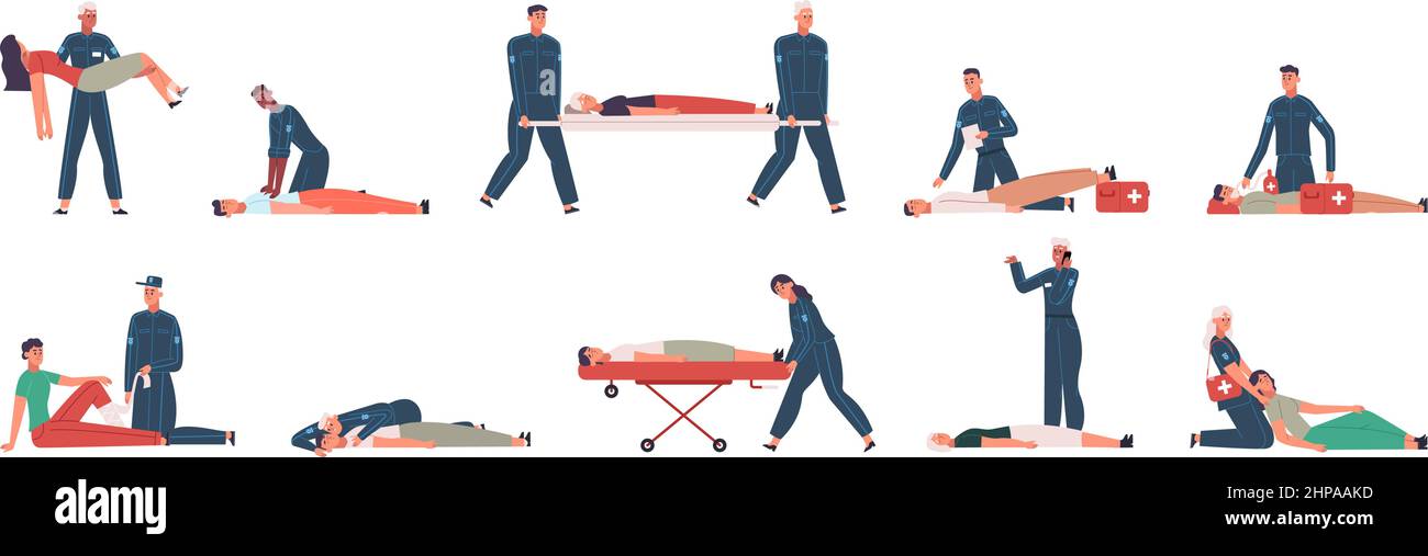 First aid procedures, emergency paramedic workers help people ...