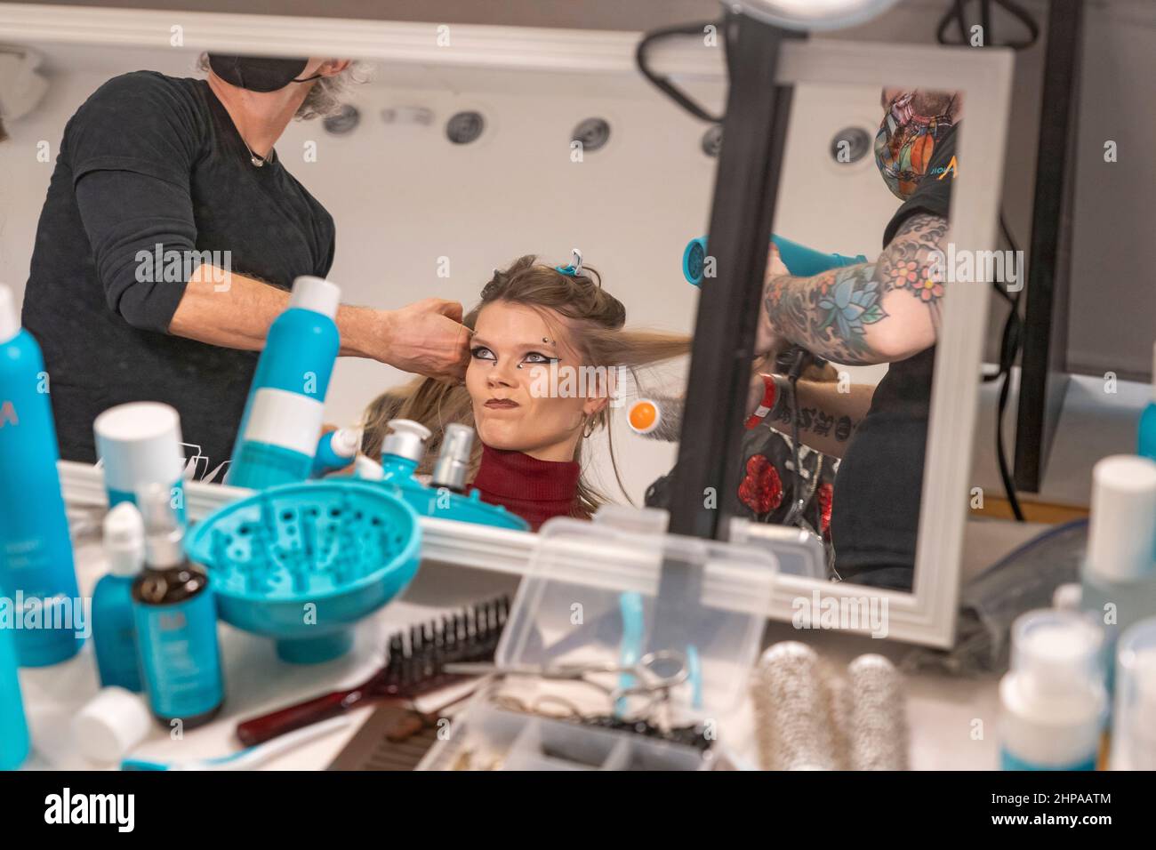 NEW YORK, NY - FEBRUARY 16, 2022: A model prepares backstage for The ...
