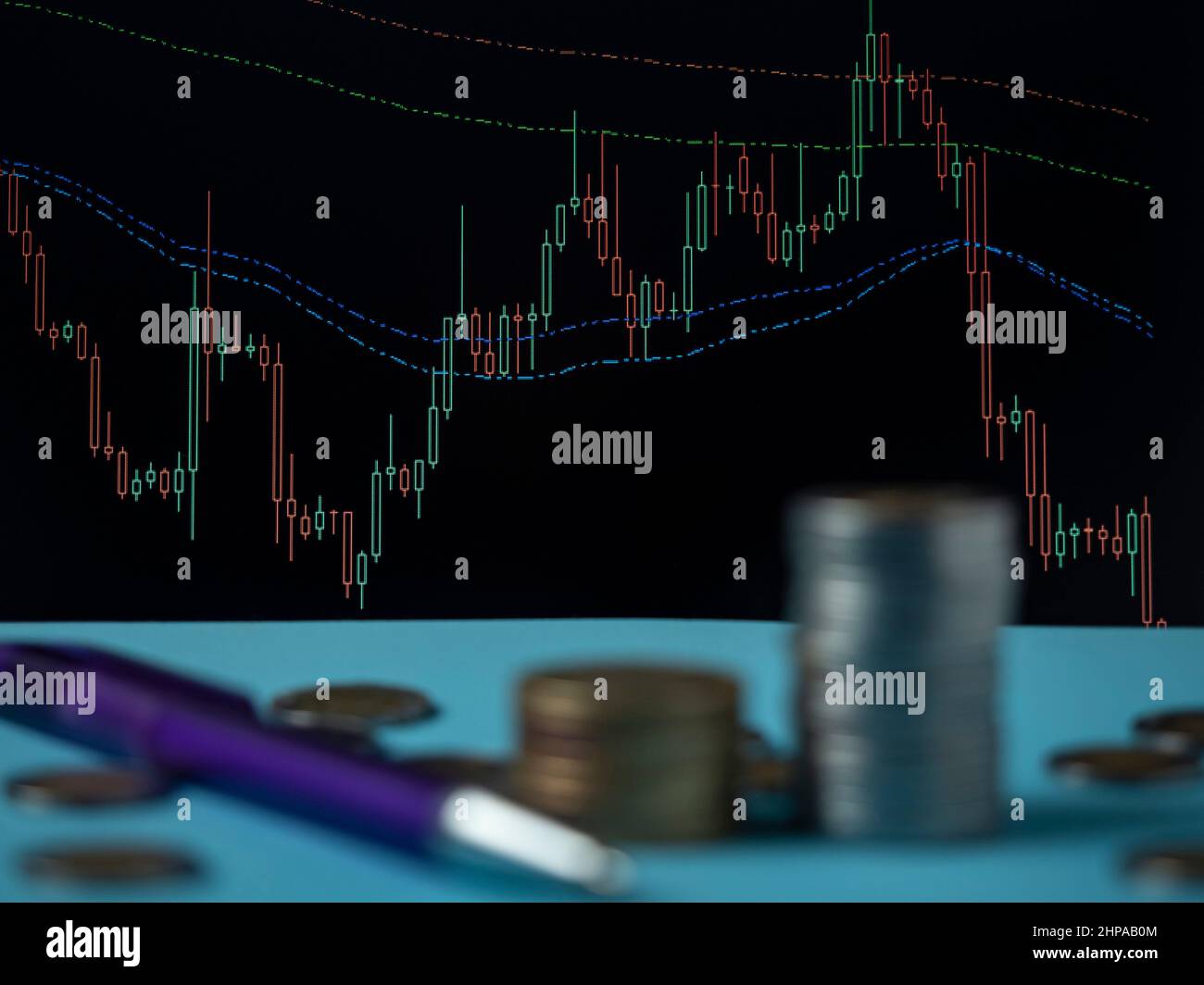 Coins and financial charts, economy and finance Stock Photo - Alamy