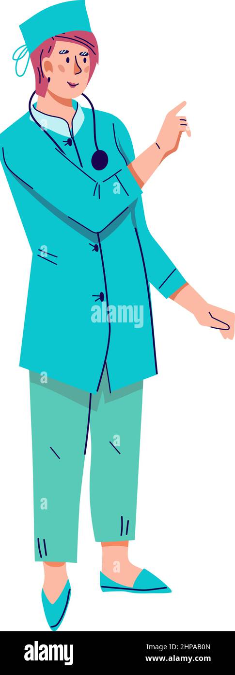 Pharmacist or doctor female character in uniform standing pointing with ...