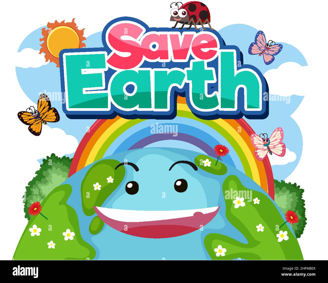 Save Earth typography logo with smile earth and rainbow illustration ...