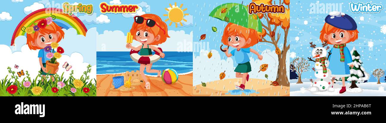Different four seasons scenes with a girl cartoon character ...