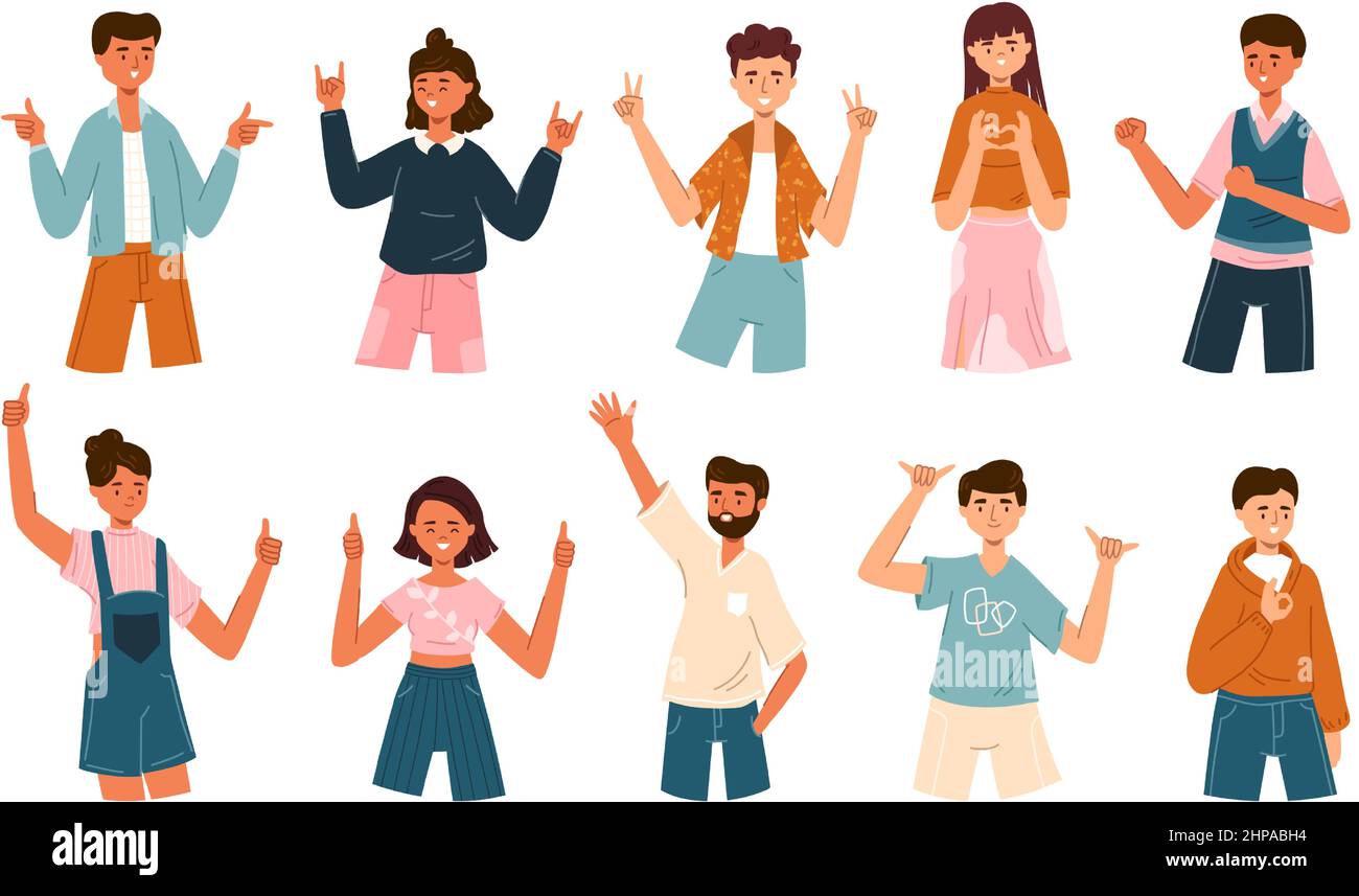 Excited young people showing positive emotional gestures. Ok, peace ...