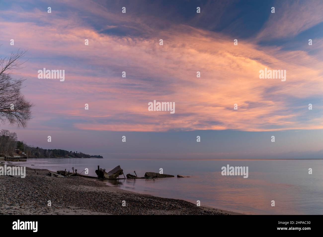 Sunrise landscape on Lake Huron with ruins along the shore from ...