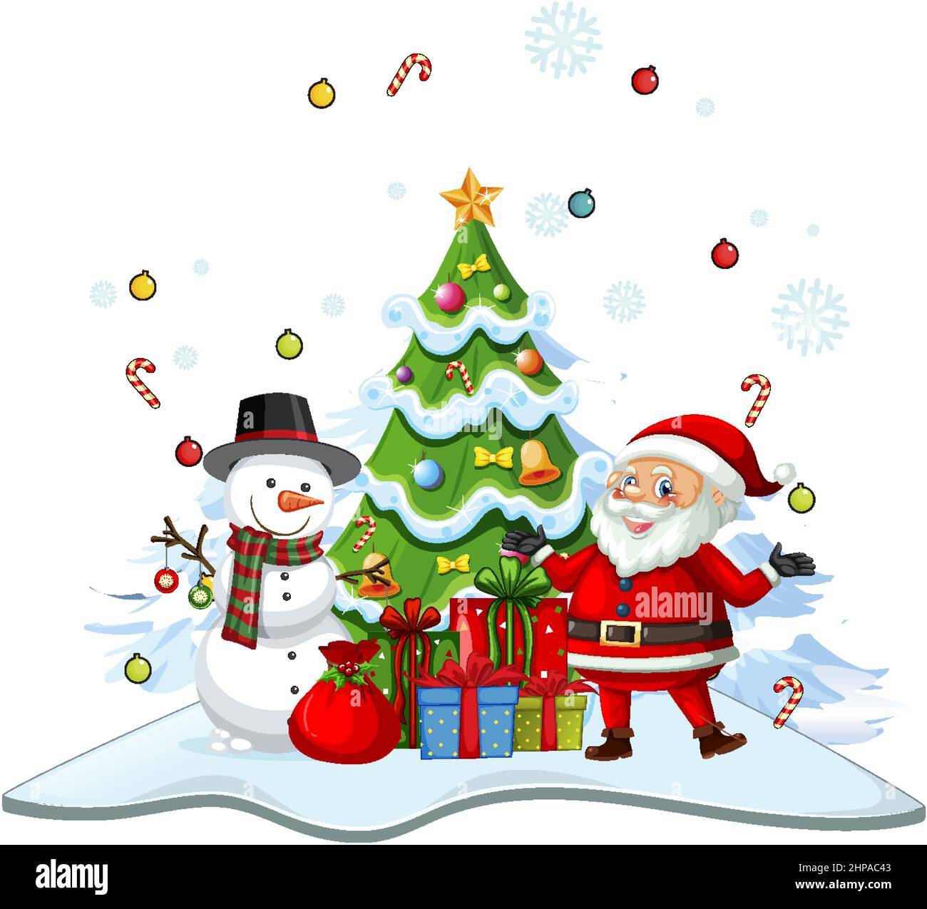 Santa Claus with snowman and decorated Christmas tree illustration ...