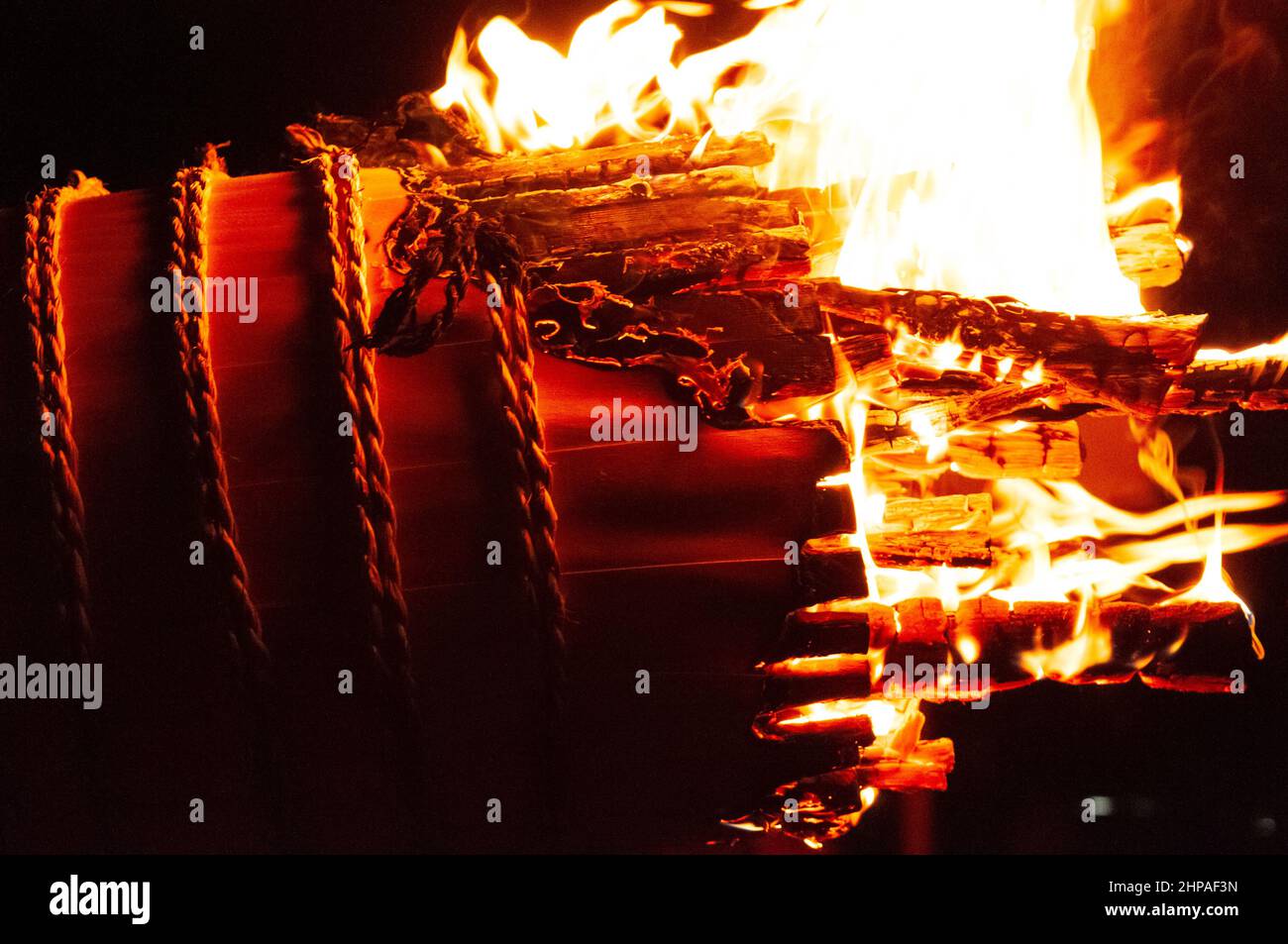 Miyajima, Japan - December 31, 2019. Participants of the Chinkasai Fire ...